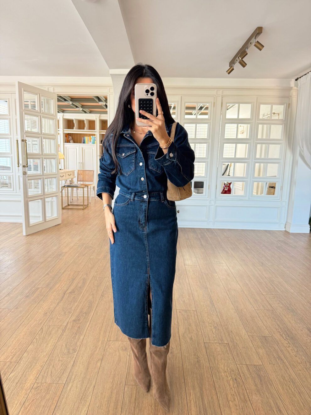 Sansa Koyu Mavi Çıt Çıtlı Düğmeli Ön Yırtmaçlı Jean Elbise – Pelin Şenoğlu